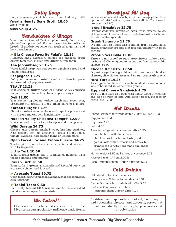 MENU | The Big Cheese, Rosendale